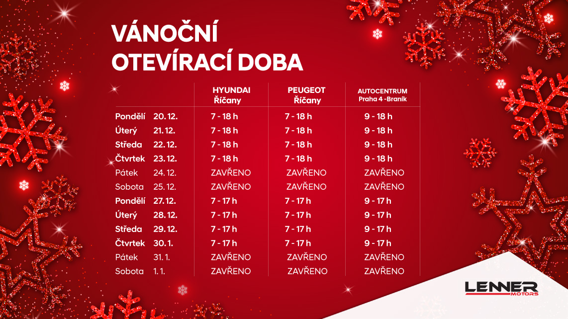 VÁNOČNÍ OTEVÍRACÍ DOBA | Novinky Lenner Motors